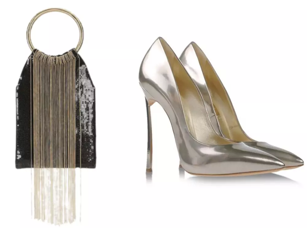 Whiting & Davis Gold Rush FringeMesh Circle Clutch, 275 $ prostřednictvím čerpadla Intermix Casadei Blade Pump, 750 $ prostřednictvím Shoescribe