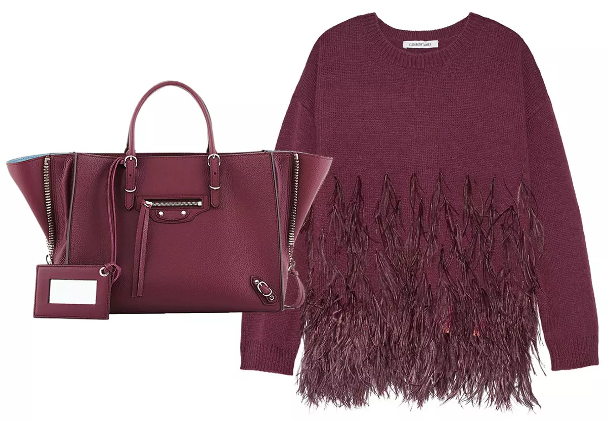 Balenciaga Papier A6 Mini Leda Tote Bag $ 1,775 per Neiman Marcus, Elizabeth kaj James Feather-Trimed Cotton-Blend Sweater $ 485 per Net-A-Porter