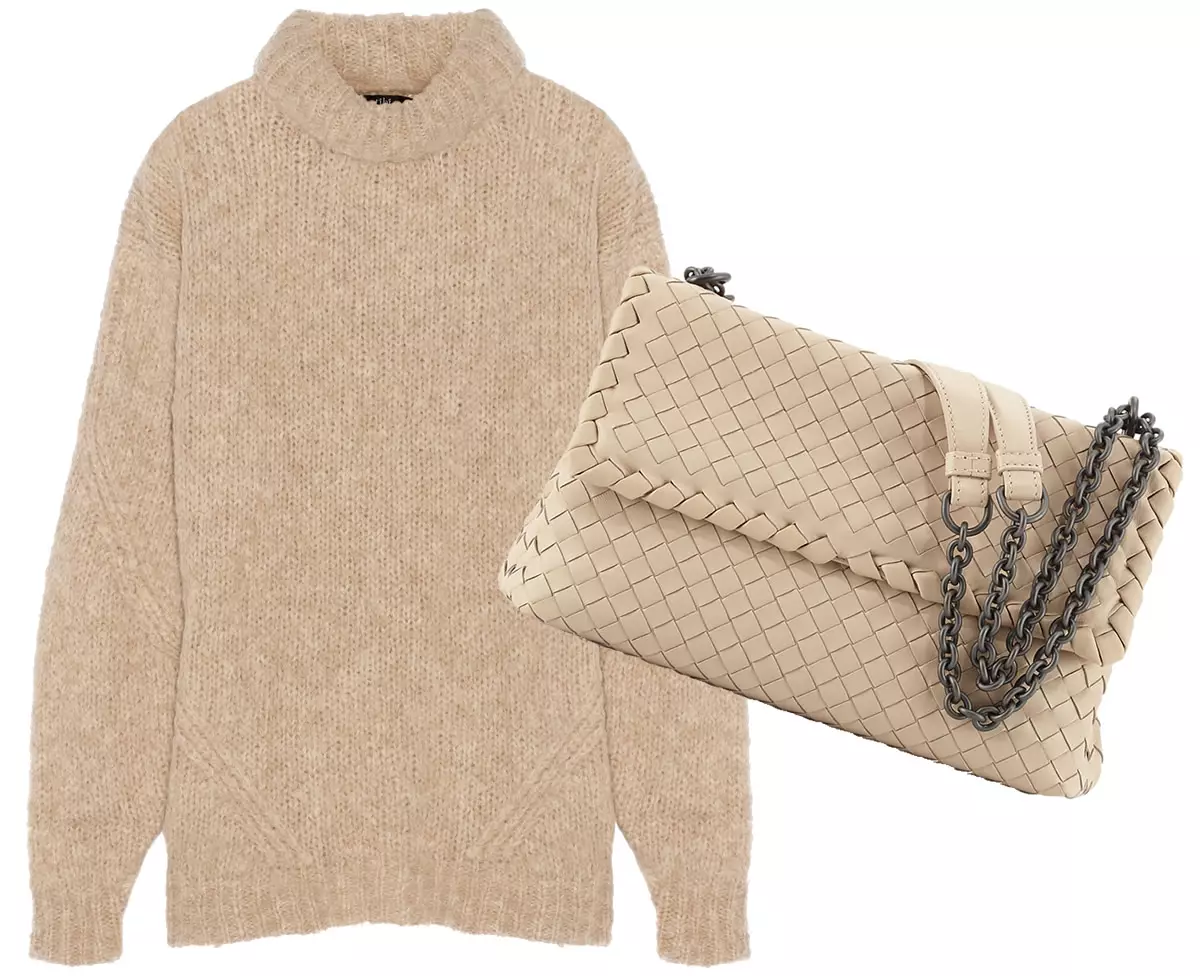 Bottega Veneta Olimpia Meza Intrecciata Sako $2,470 per Neiman Marcus, Tibi Bubble Trikita Turtleneck Svetero $395 per Net-A-Porter