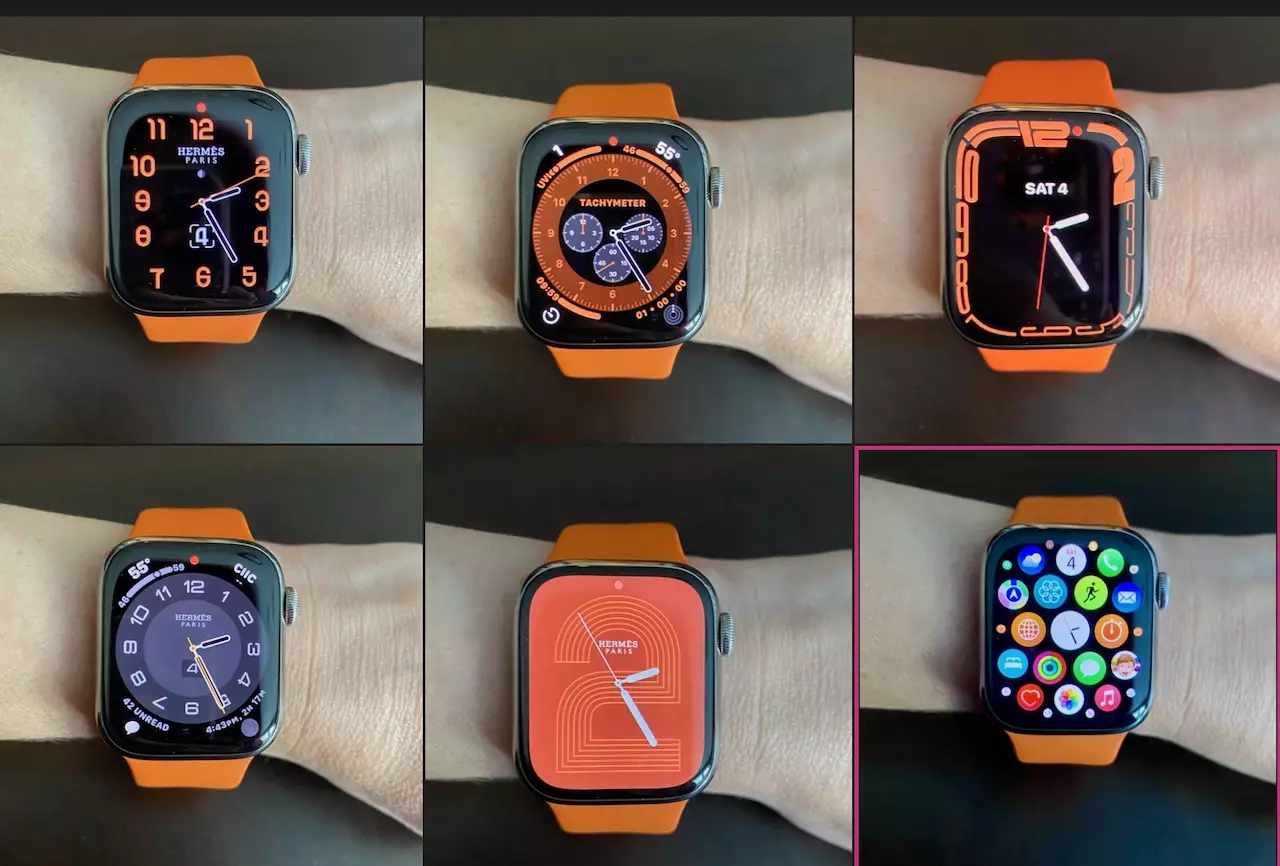 Algunhas das esferas do reloxo Hermès só para o Apple Watch Hermes. A última toma mostra todas as aplicacións importantes ao teu alcance. Foto vía @The_Notorious_Pink