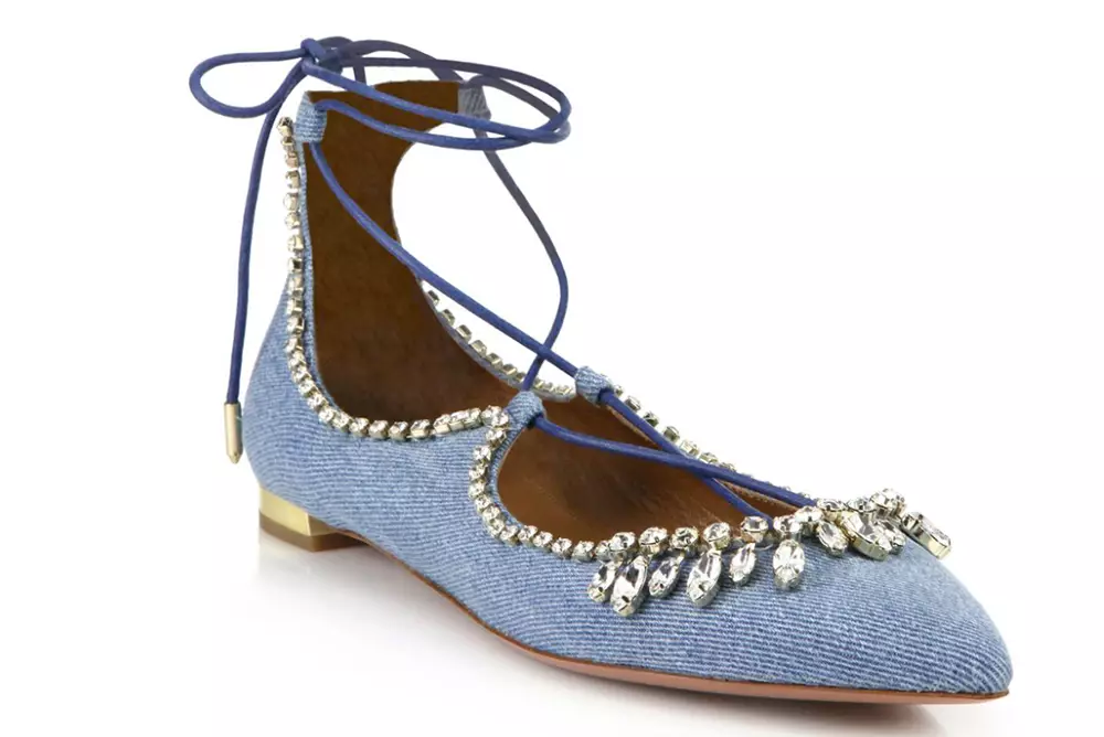 Aquazzura Christy Crystal & Denim Lace-Up Flats