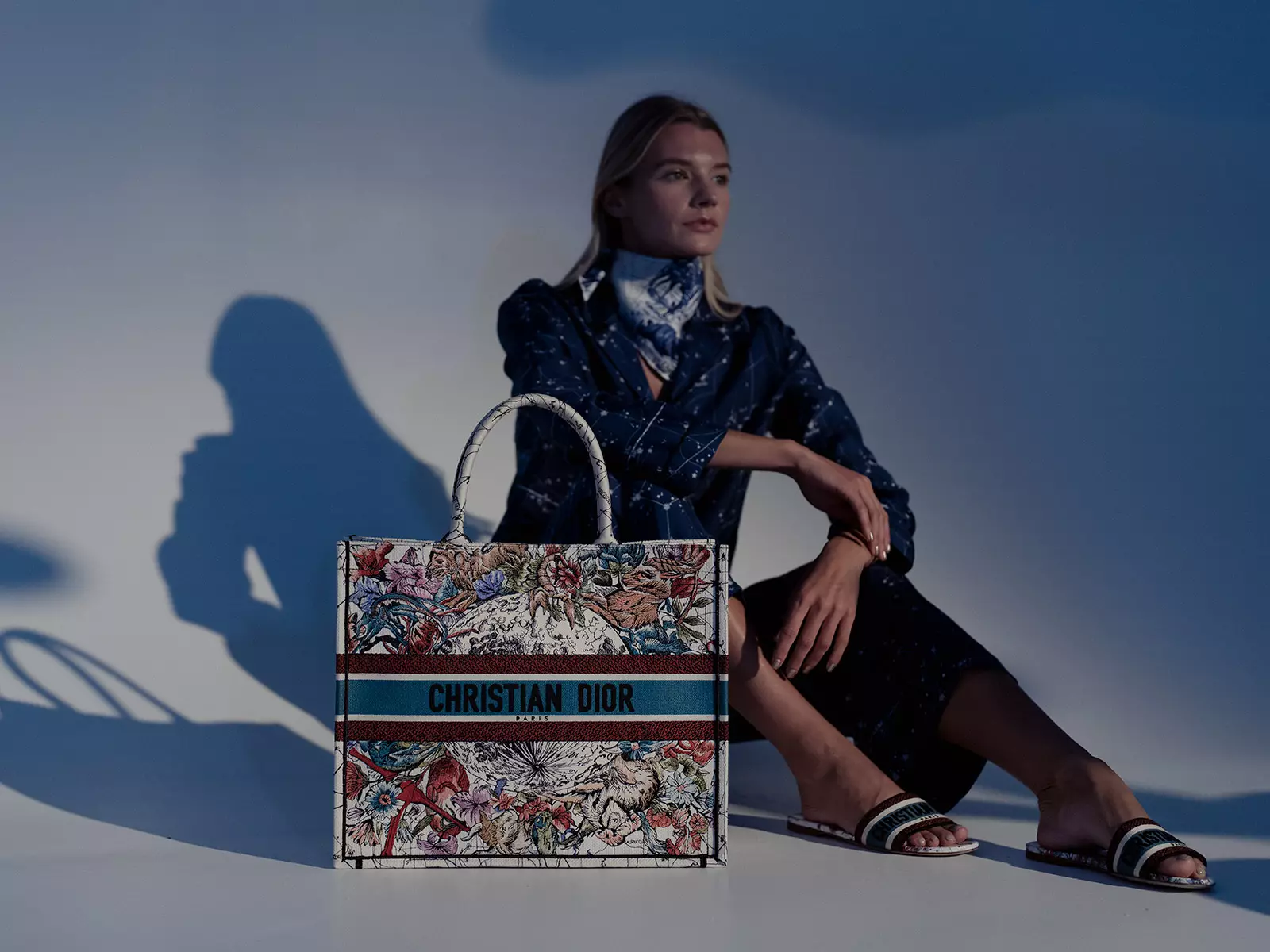 Dior Book Tote grote dierenriem print op model