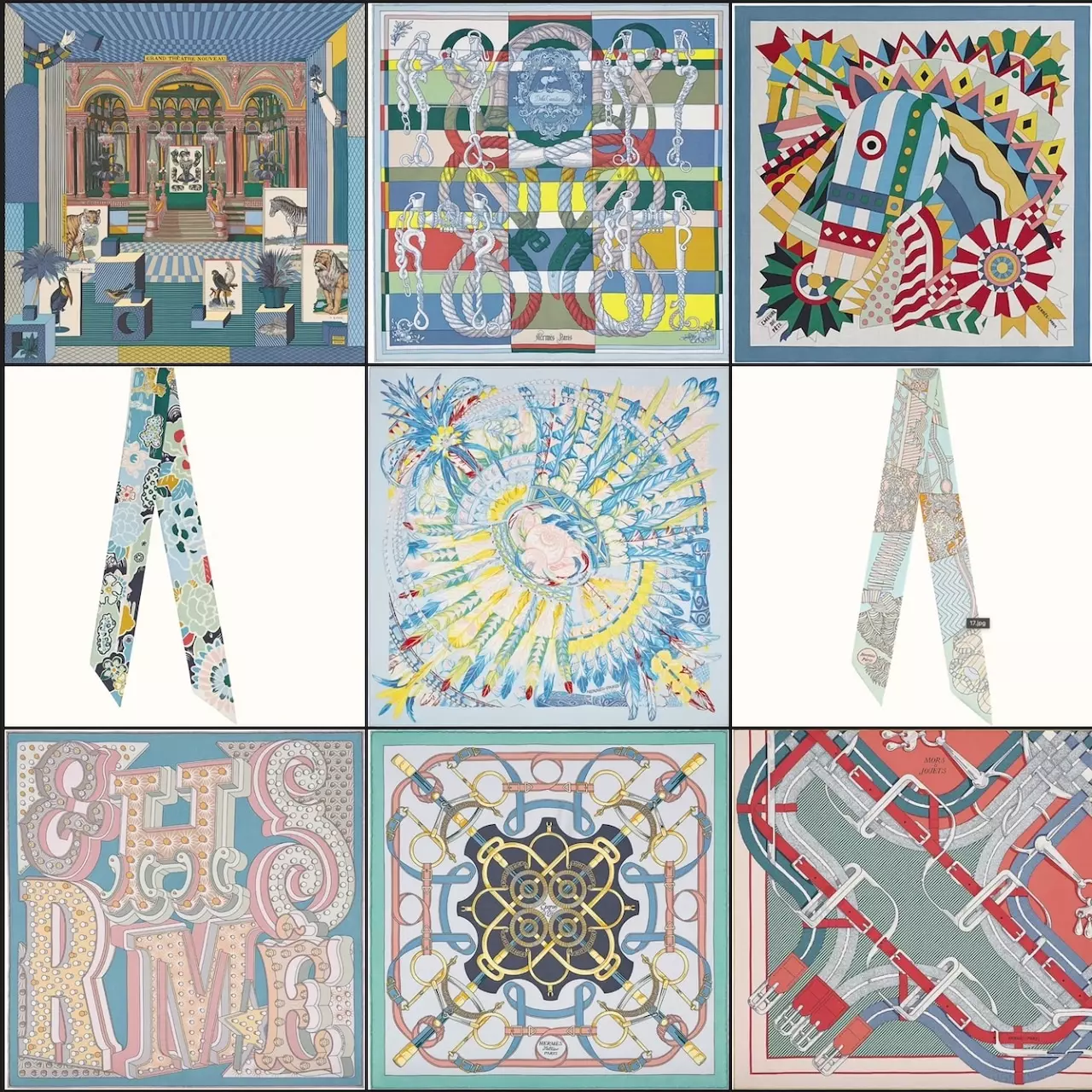 Top Row: Grand Theatre Nouveau scarf 90, Della Cavalleria scarf 45, Cheval de Fete shawl 140. Middle Row: Bingata twilly, Danse Pacifique scarf 90, De l'Ombrelle aux Duels twilly. Κάτω σειρά: Κασκόλ Hermes Electrique 45, Eperon d'Or σάλι 140, Mors a Jouets Chemise Detail scarf wash 90. Φωτογραφίες μέσω Hermes.com