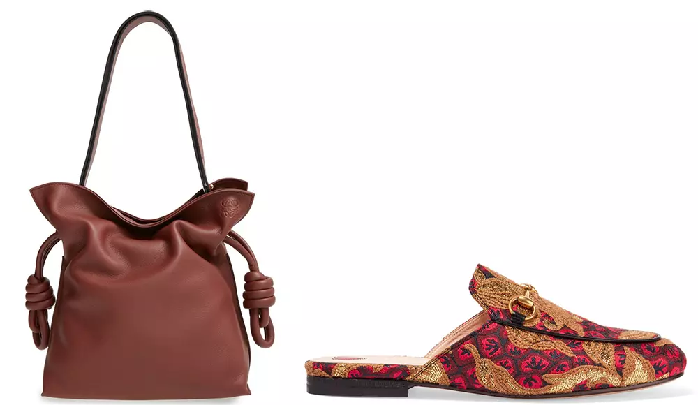 Loewe Malgranda Flamenka Nodo Bovida Leda Sako $ 1,950 per Nordstrom Gucci Princetown Horsebit-Detalaj Jacquard Pantofoloj $ 695 per Net-a-Porter