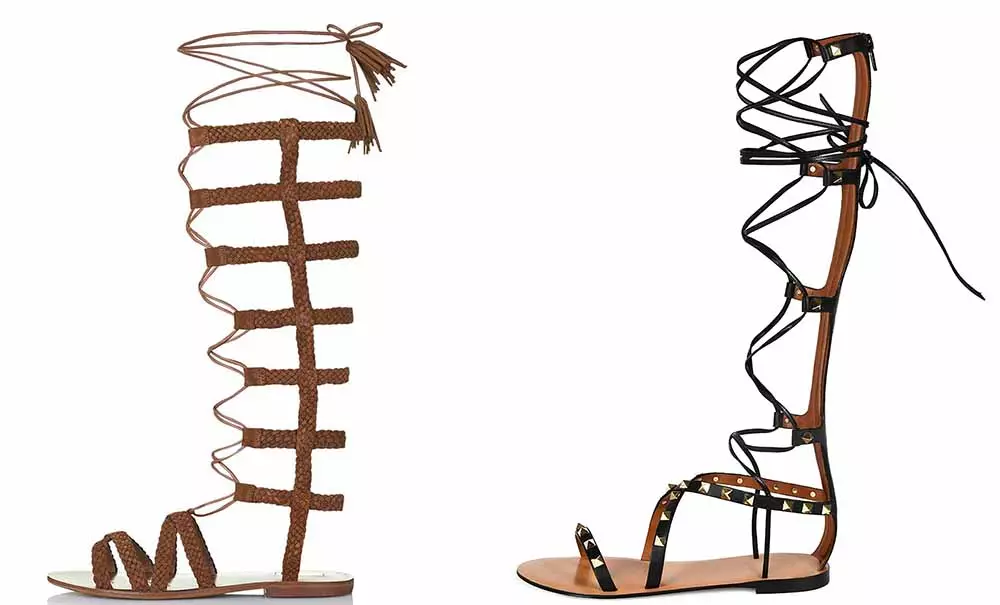 TopShop Faraday Hi Plaited Sandals $85 ntawm TopShop Valentino Rockstud Lub hauv caug-High Gladiator Sandal $1,475 ntawm Bergdorf Goodman