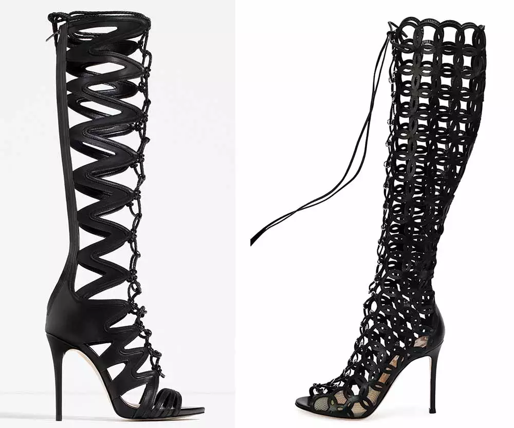 Sendal Romawi Kulit Zara $239 via Zara Gianvito Rossi Boot Kulit Dengkul Open-Toe Potong Laser $2,745 via Bergdorf Goodman