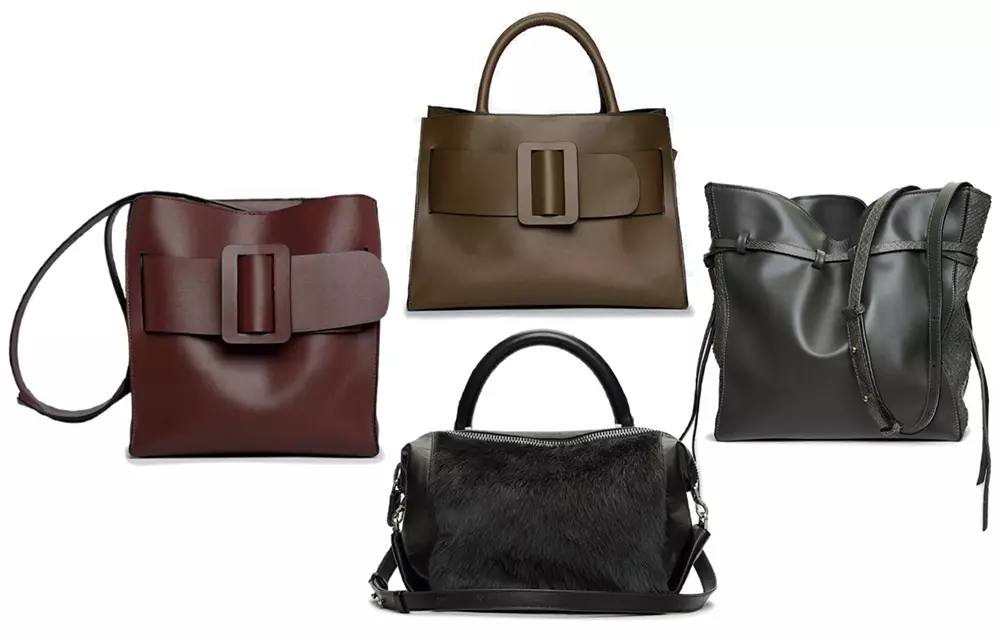 Med klokken fra toppen: BOYY Bobby Bag, $1 195 via BOYY; BOYY Lazar Bucket, $2 245 via BOYY; BOYY Martin Cube Bag, $895 via BOYY; BOYY Devon skulderveske, $895 via BOYY