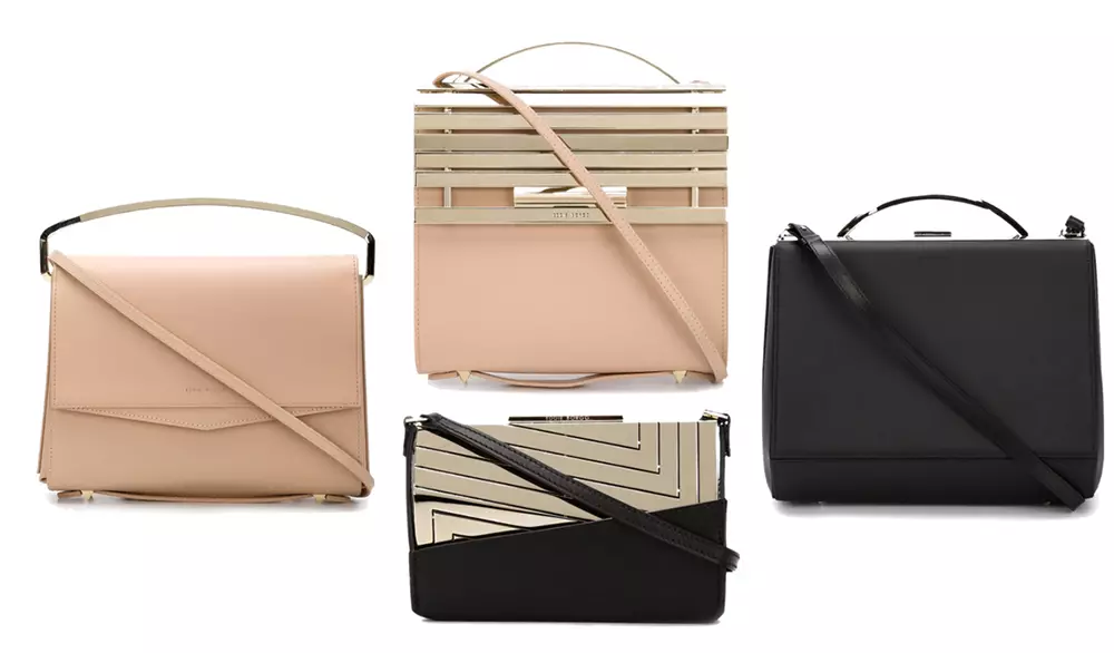 Auer vun uewen: Eddie Borgo Colt Crossbody Bag, $ 2,490 via farfetch.com; Eddie Borgo Dean Tote, $ 2.890 via farfetch.com, Eddie Borgo Vic Clutch, $ 2.190 via farfetch.com; Eddie Borgo Boyd Clutch, $ 990 iwwer farfetch.com