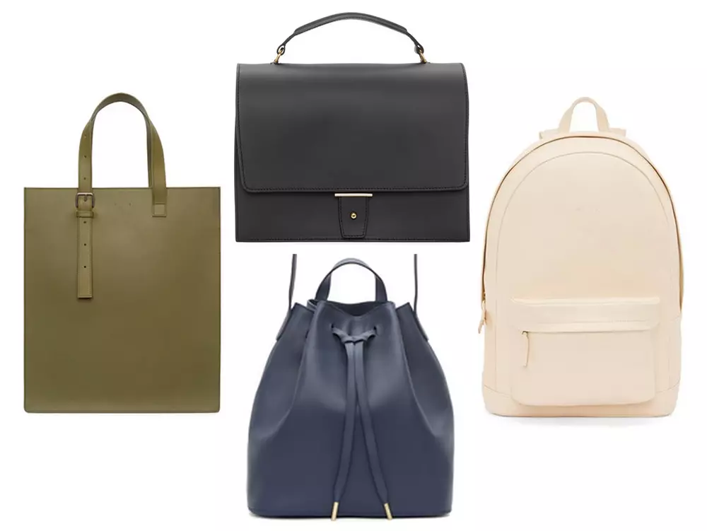 Ve směru hodinových ručiček shora: PB 0110 Satchel, 1 100 $ přes SSENSE; Batoh PB 0110, 815 $ přes SSENSE; PB 0110 Bucket Bag, 1 035 $ přes SSENSE; PB 0110 Tote, 905 $ přes SSENSE