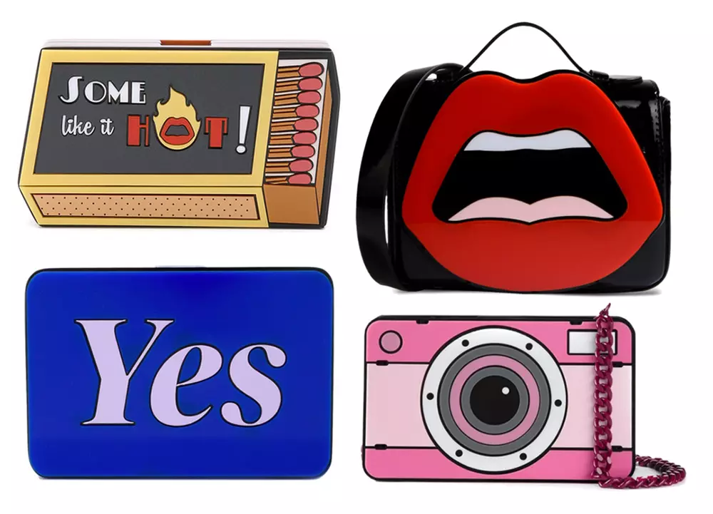 Dekstrume de supre maldekstre: Yazbukey Some Like It Hot Clutch, $725 per Shopbop; Yazbukey Lips Bag, $600 per La Angulo; Yazbukey Fotila Ŝultro Sako, $ 520 per farfetch.com; Yazbukey Jes Ne Clutch, $ 795 per farfetch.com