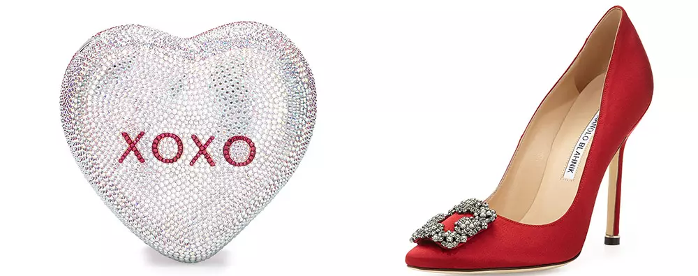 Judith Leiber Be Mine Heart Crystal Minaudiere [3.495 долари преку Бергдорф Гудман] Маноло Бланик Хангиси Сатенска кристална пумпа за пети [965 долари преку Бергдорф Гудман]